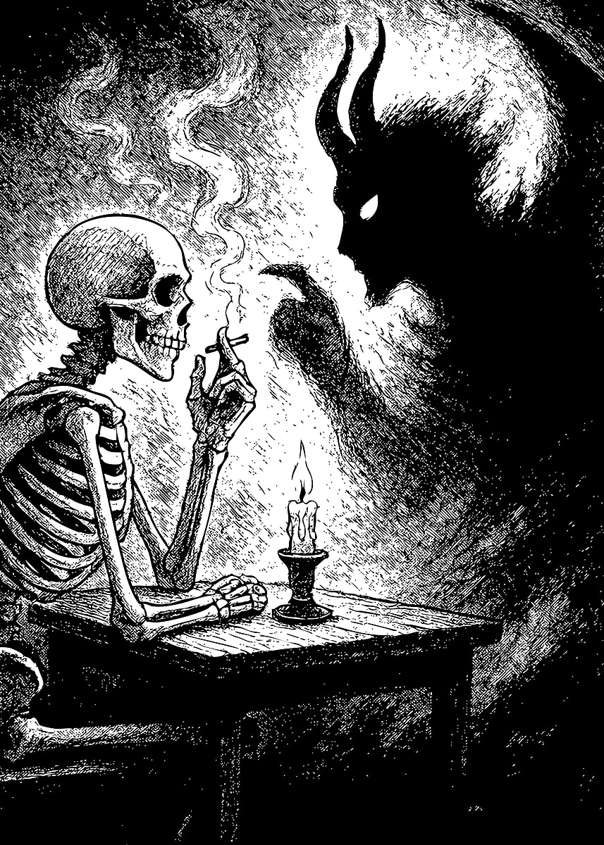 'Skeleton Smoking with Devilish Shadow' Poster, picture, metal print ...