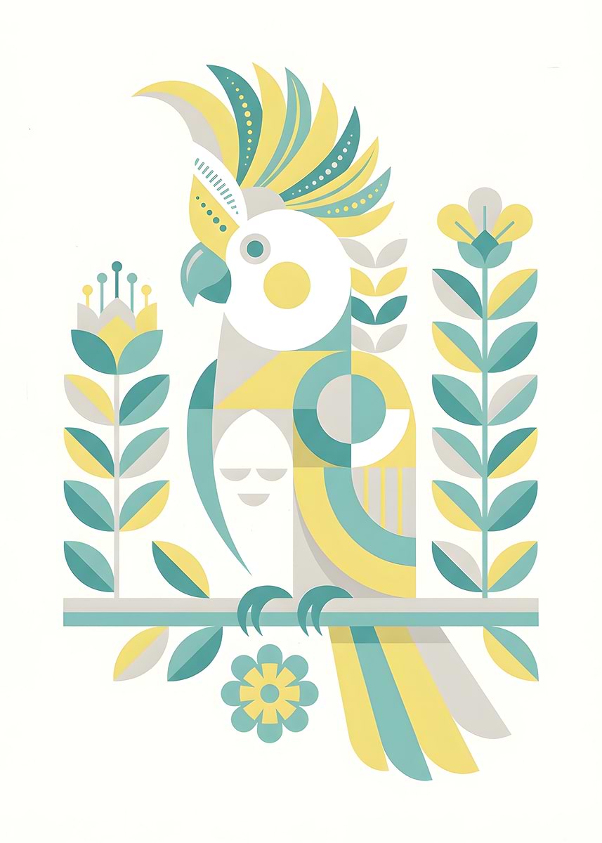 'Geometric Cockatoo with Floral Elements' Poster, picture, metal print ...