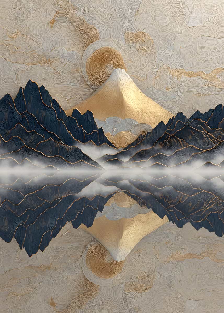 'Asian Mountain Lake Reflection – Nature Asie Gilded Zen Relief Art ...
