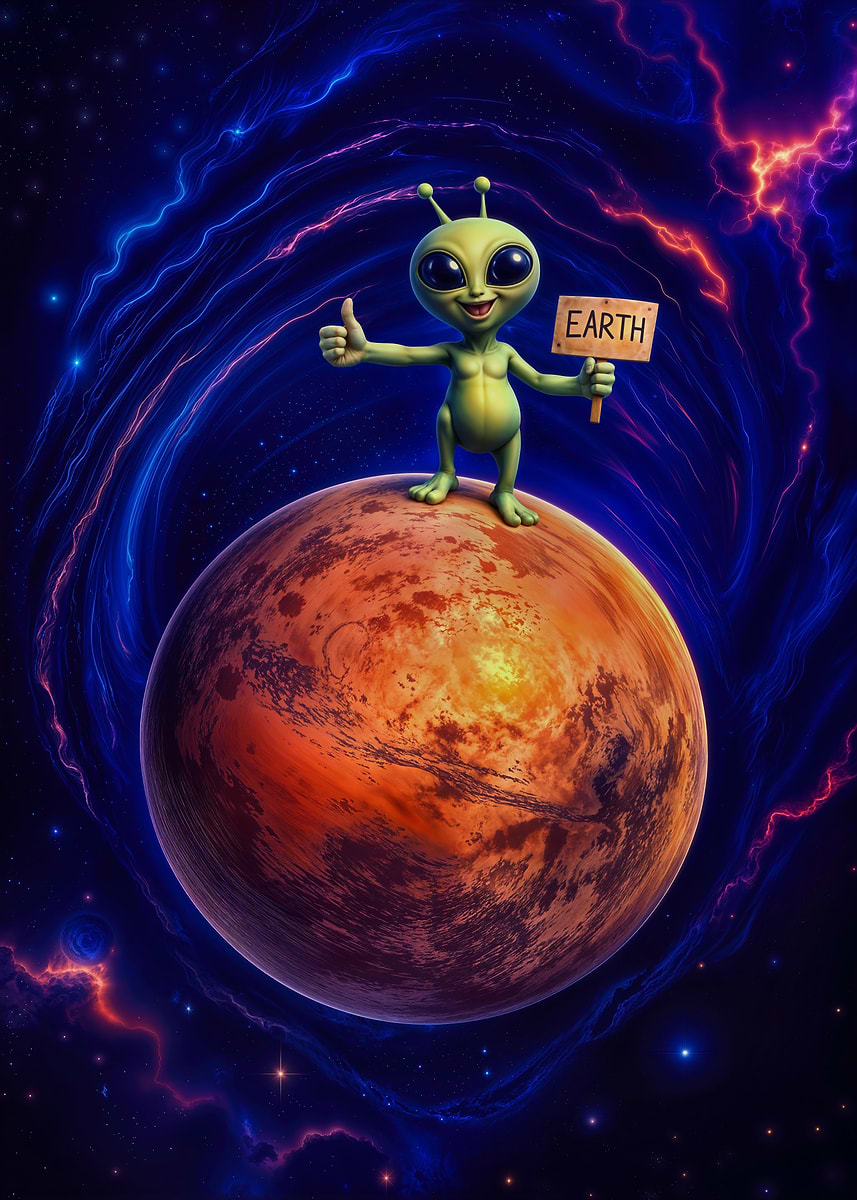 'Alien on Mars with Earth Sign' Poster, picture, metal print, paint by ...