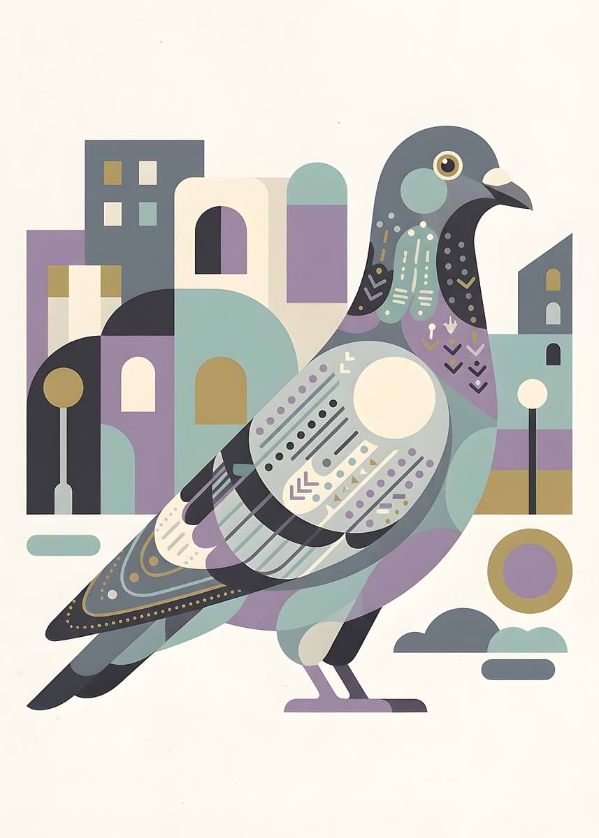 'Stylized Pigeon Illustration with Cityscape' Poster, picture, metal ...