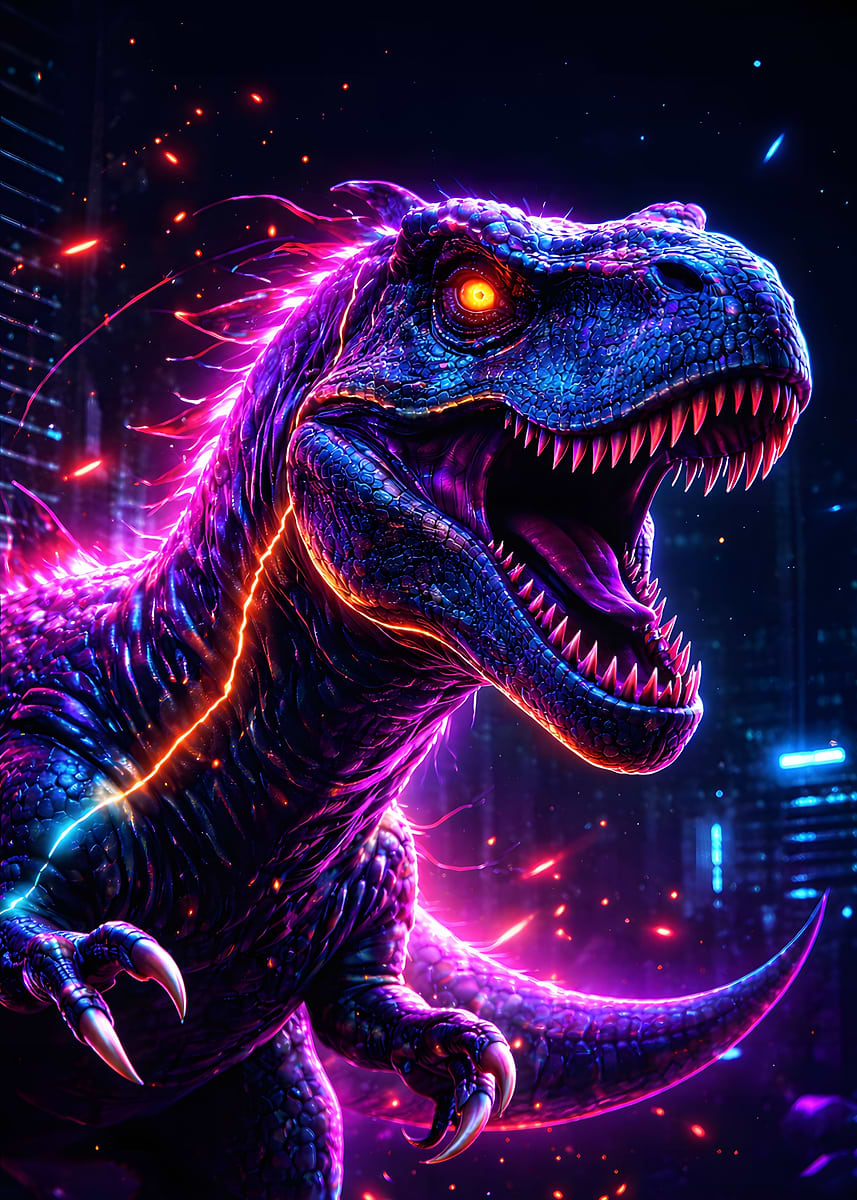 'Cyberpunk Dinosaur in Cityscape' Poster, picture, metal print, paint ...