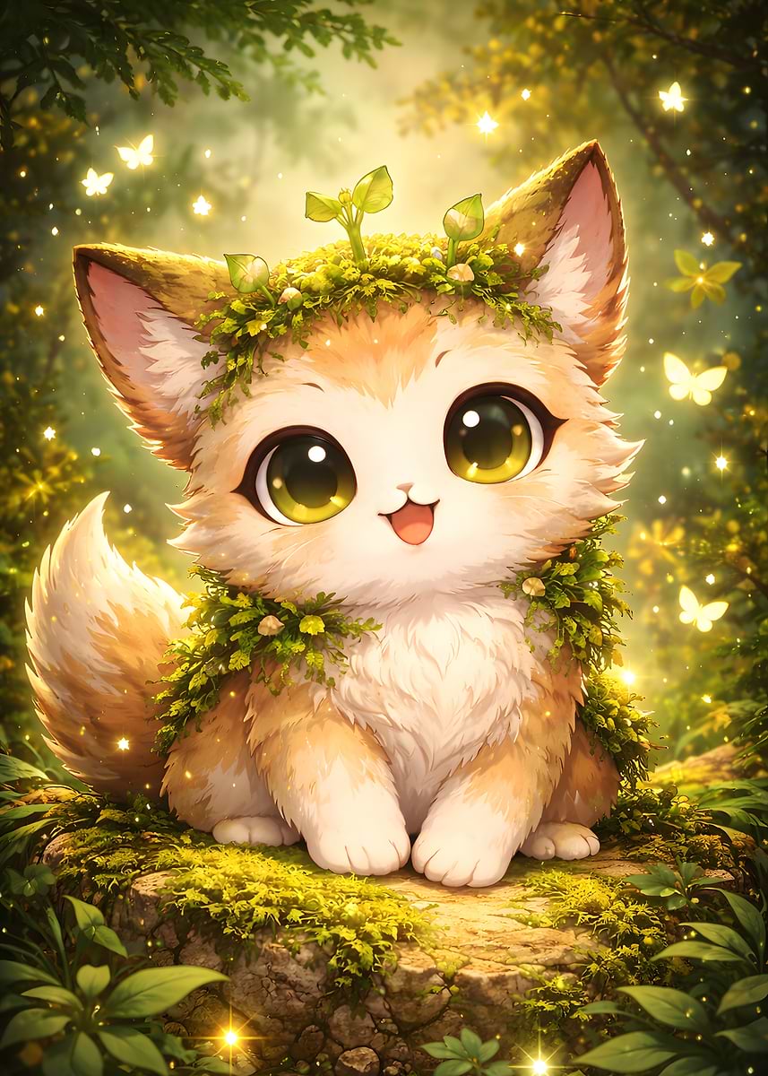 'Cute Forest Creature with Floral Crown' Poster, picture, metal print ...