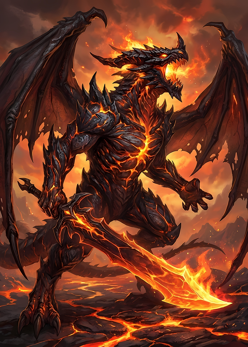 'Fiery Dragon Warrior with Sword' Poster, picture, metal print, paint ...