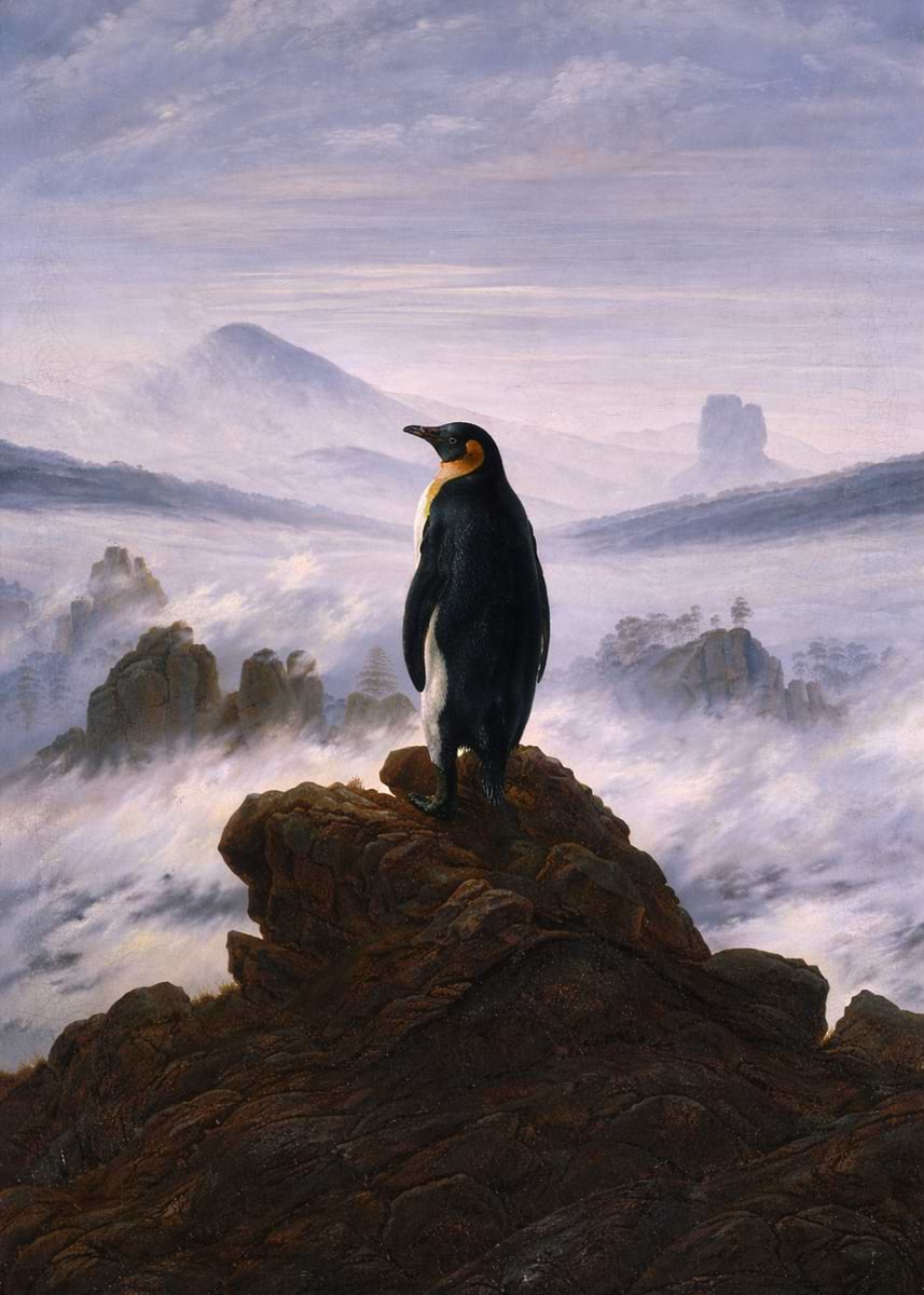 'Penguin on a Mountain Peak' Poster, picture, metal print, paint by ...