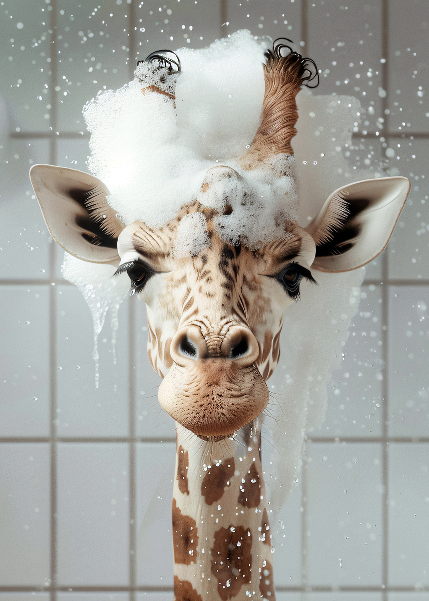 'Giraffe taking a bath' Poster, picture, metal print, paint by maria ...
