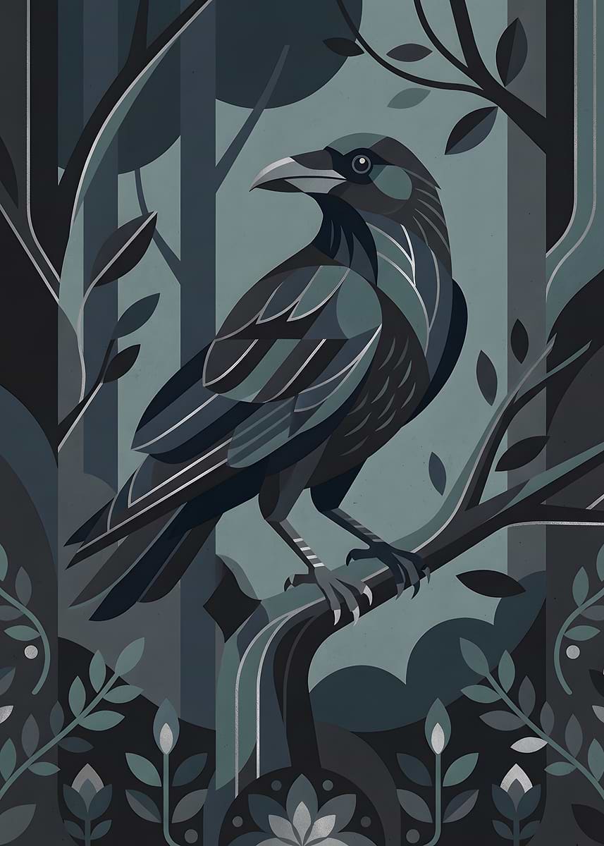 'Stylized Raven in Forest Illustration' Poster, picture, metal print ...