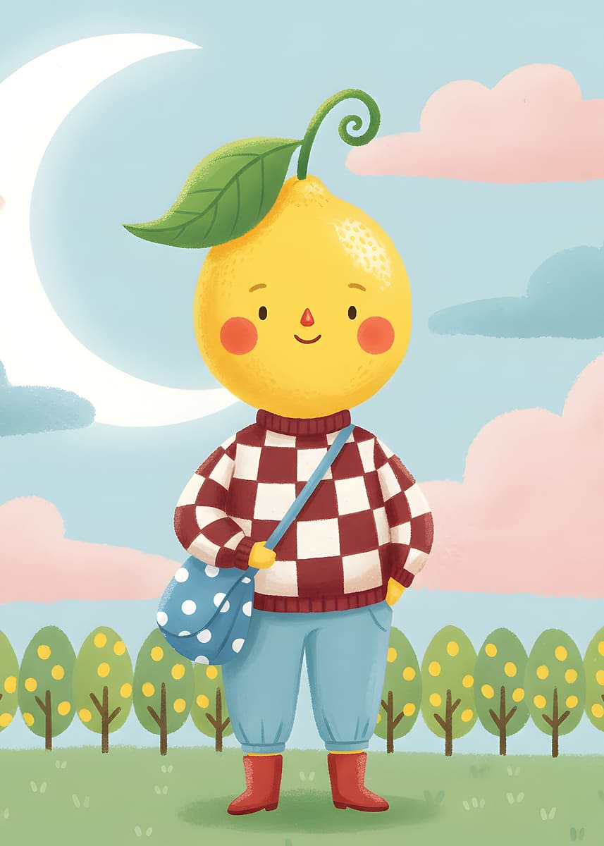 'Lemon Character Illustration with Moon' Poster, picture, metal print ...