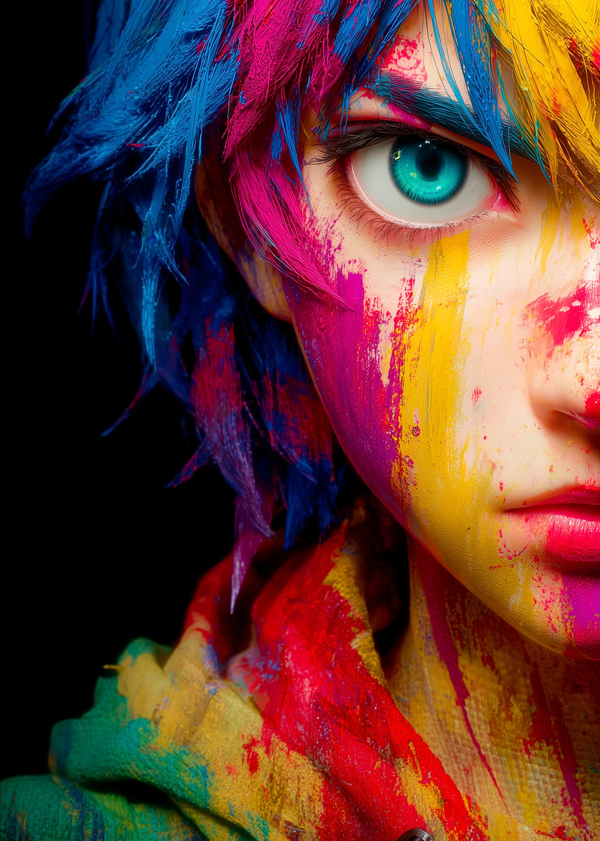 'Colorful Paint Splattered Face Portrait' Poster, picture, metal print ...