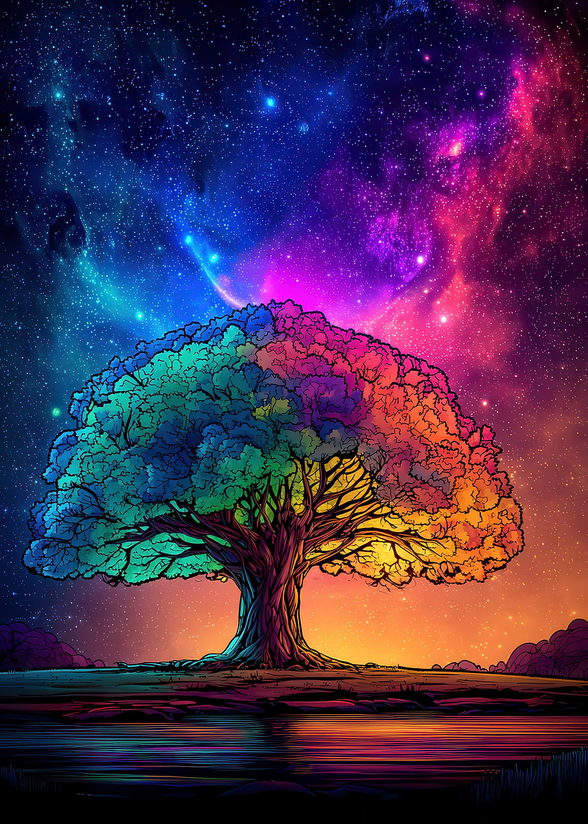 'Colorful Tree Under Starry Sky' Poster, picture, metal print, paint by ...