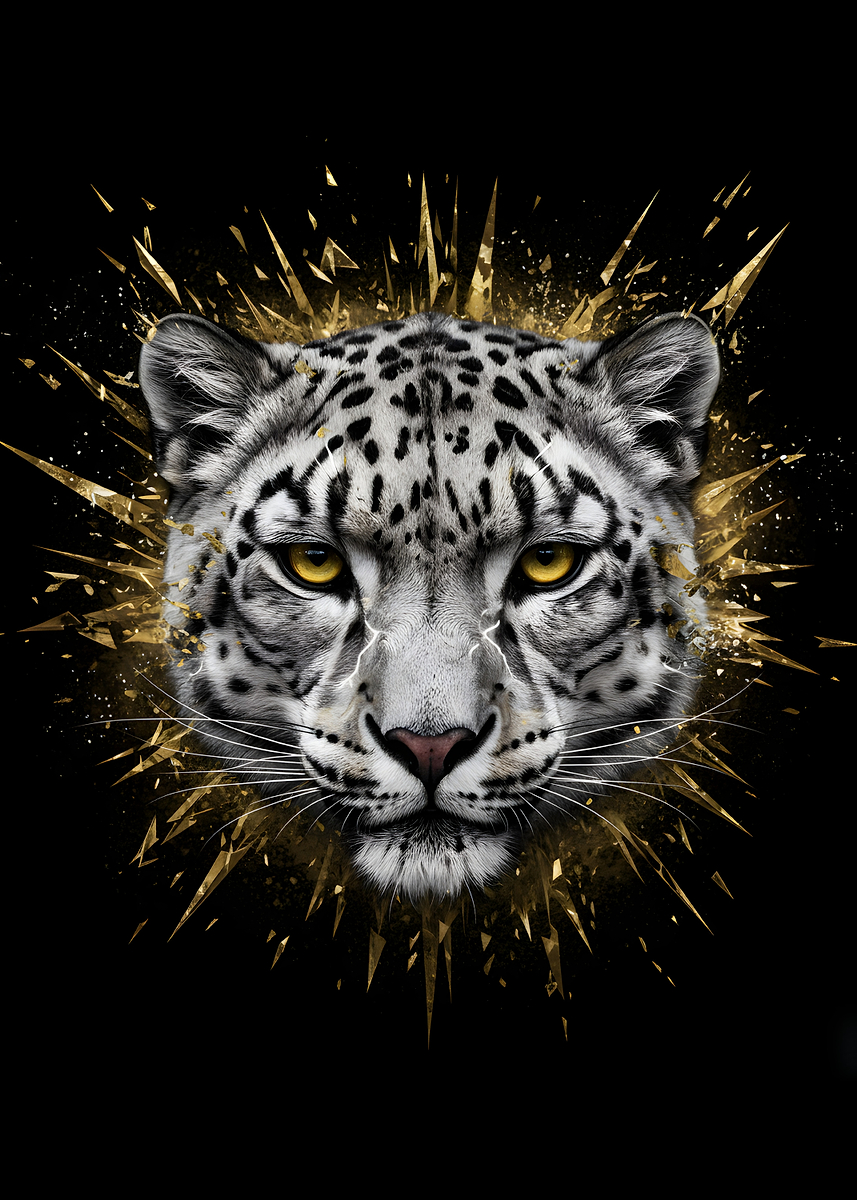'Snow Leopard with Golden shard Burst' Poster, picture, metal print ...