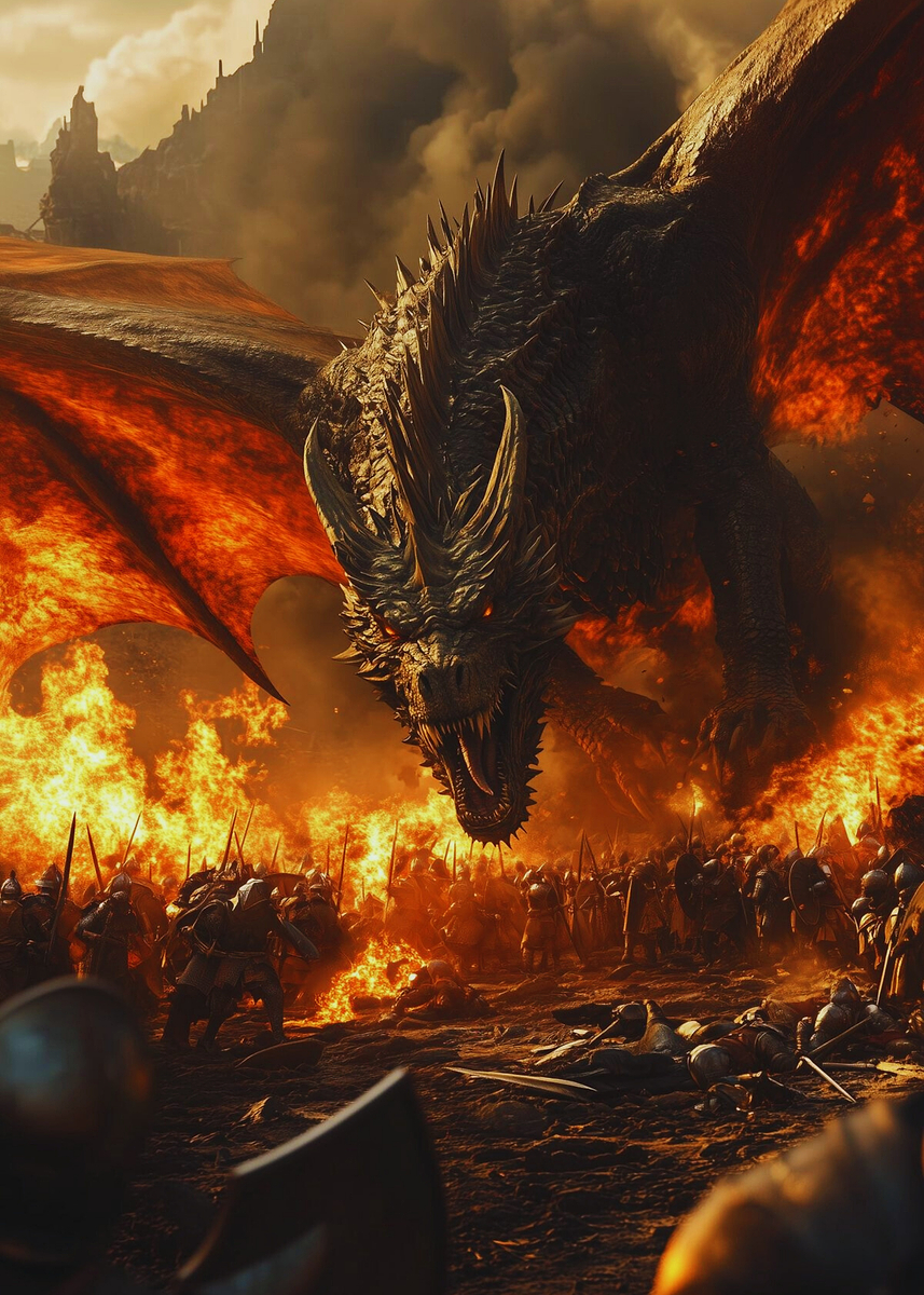 'Dragon and Army in Fiery Battle' Poster, picture, metal print, paint ...