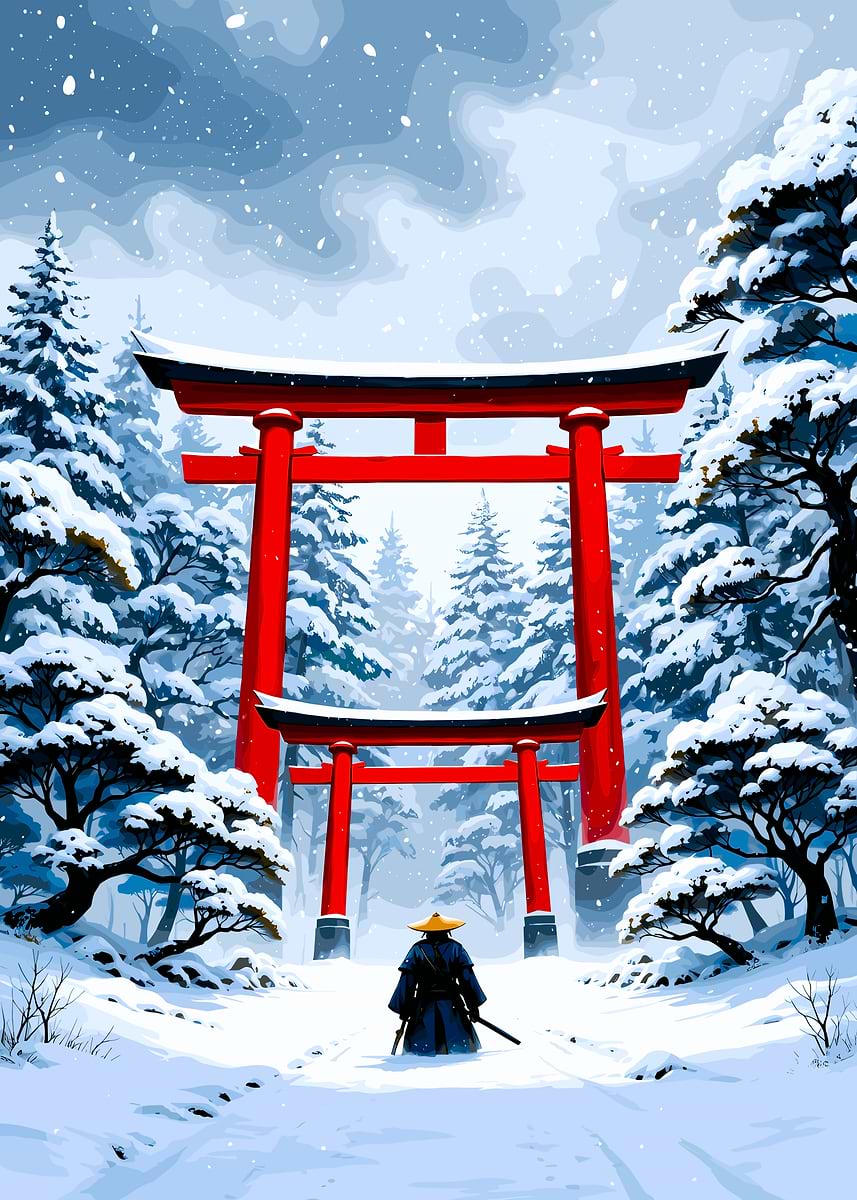 'Samurai in Snowy Landscape with Torii Gates' Poster, picture, metal ...