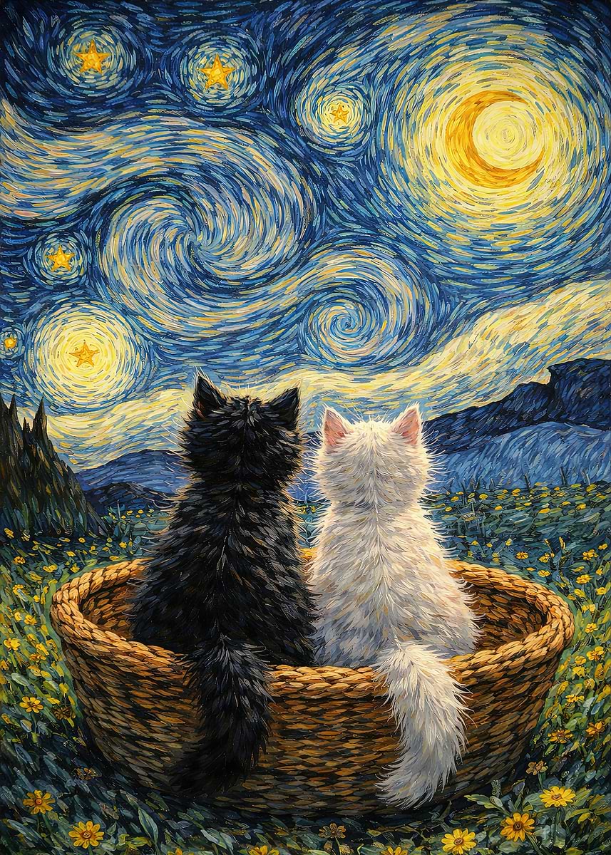 'Cats, Kittens under Starry Night Sky Painting' Poster, picture, metal ...