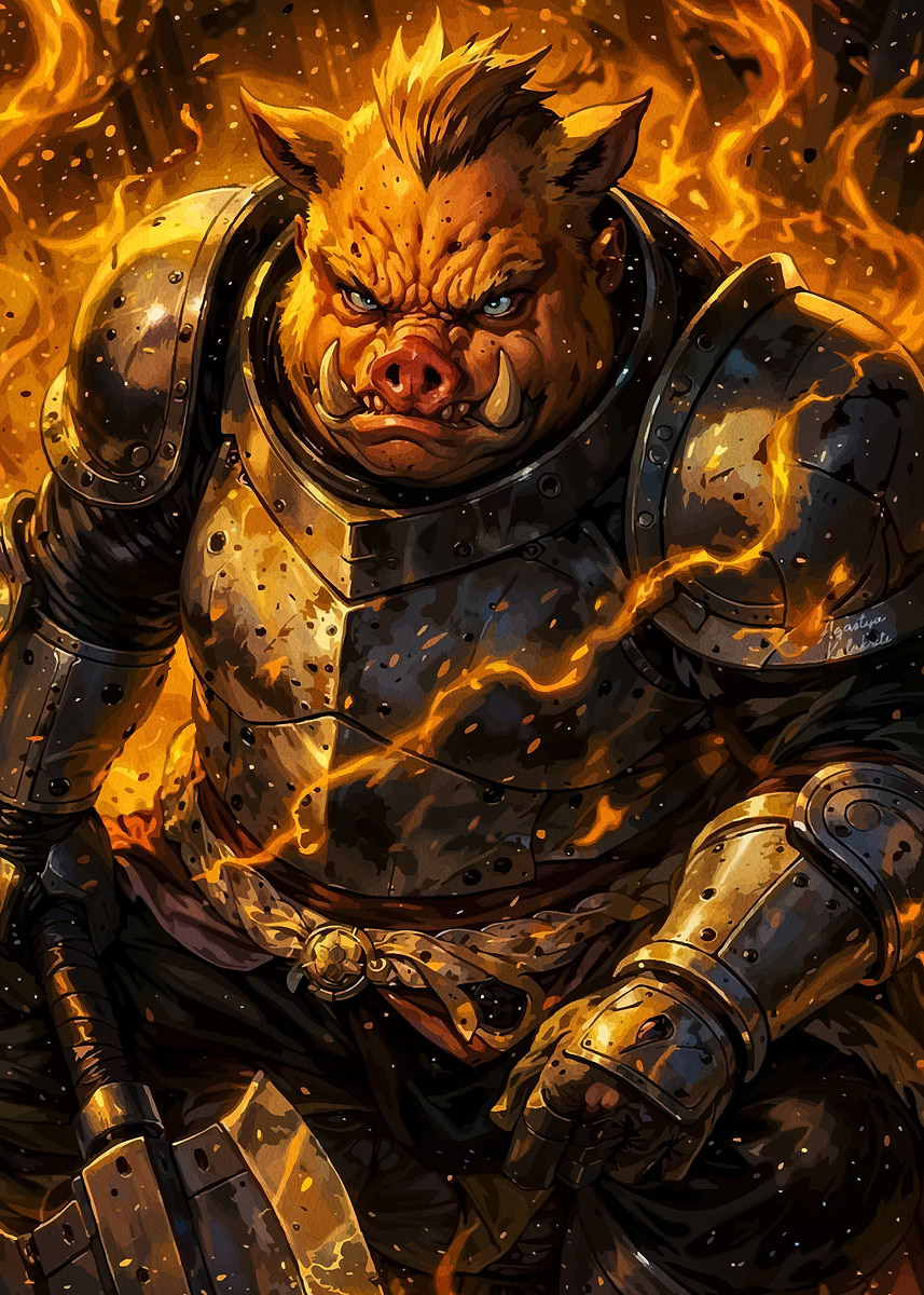'Armored Boar Warrior with Fiery Background' Poster, picture, metal ...