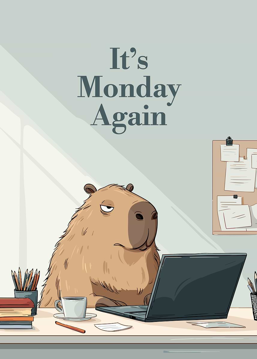 'Monday Capybara Cartoon' Poster, picture, metal print, paint by Lily ...