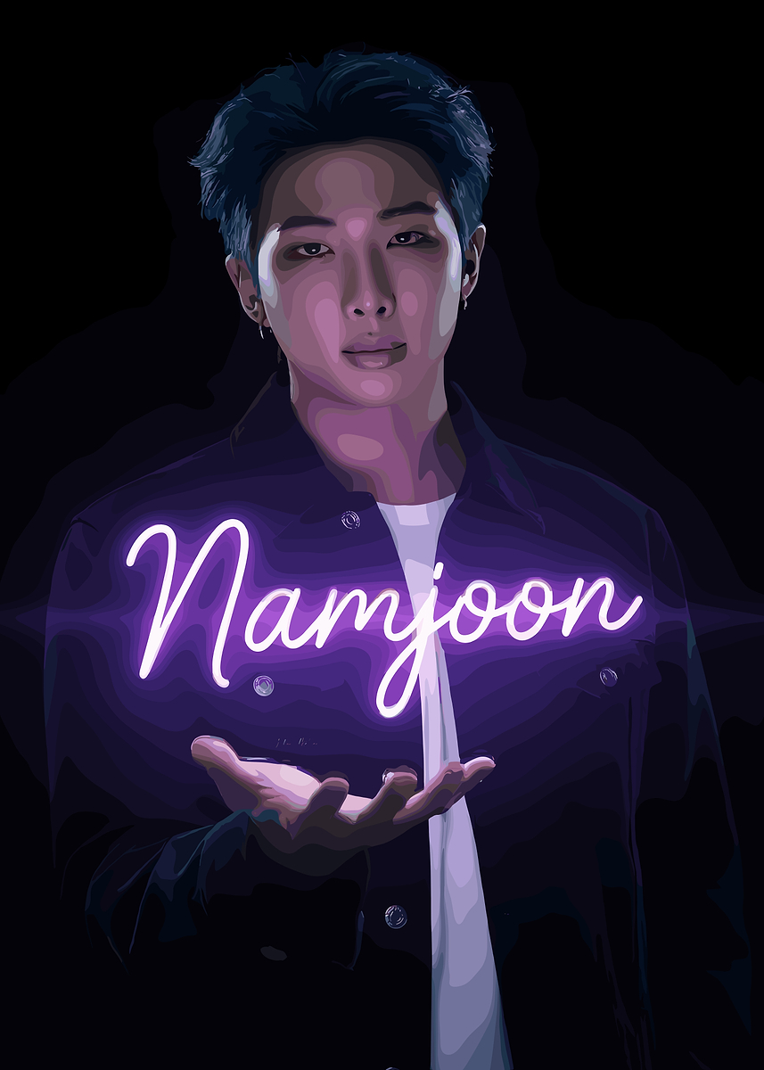 'Namjoon portrait with neon name' Poster, picture, metal print, paint ...
