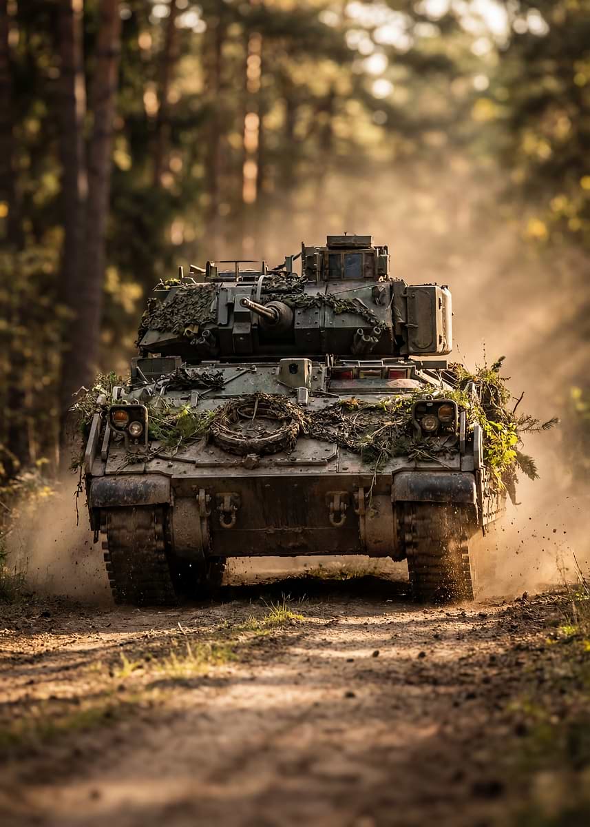 'Camouflaged Tank in Forest' Poster, picture, metal print, paint by ...