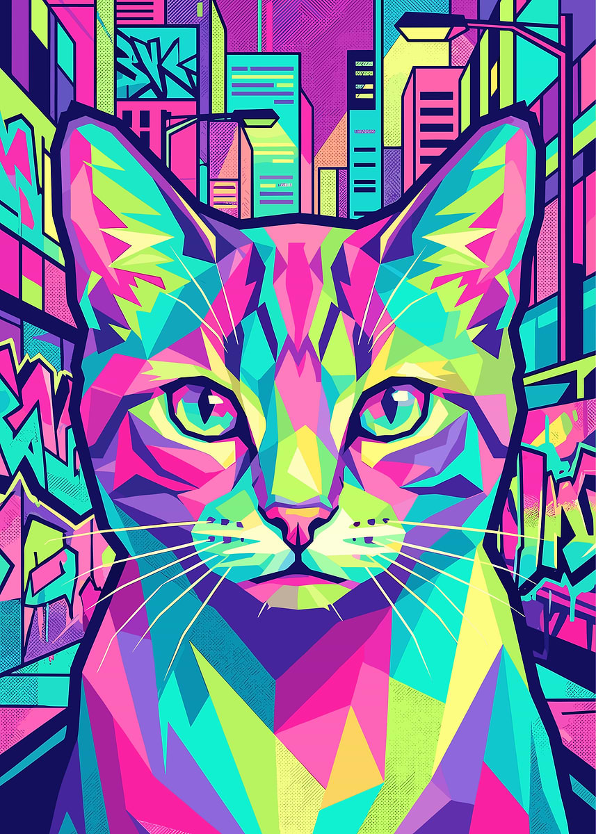 'Colorful Geometric Cat in Cityscape' Poster, picture, metal print ...