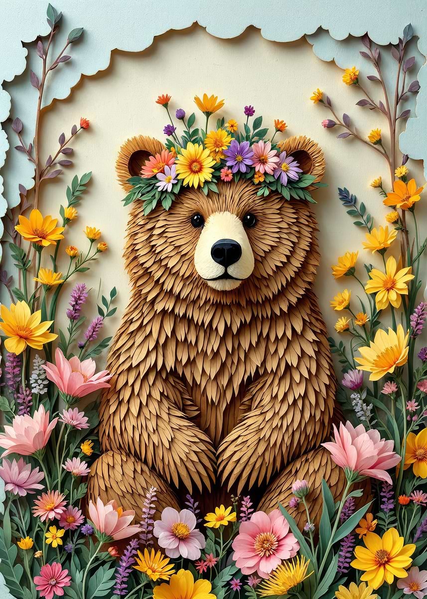 'Papercut Bear With Floral Crown' Poster, picture, metal print, paint ...
