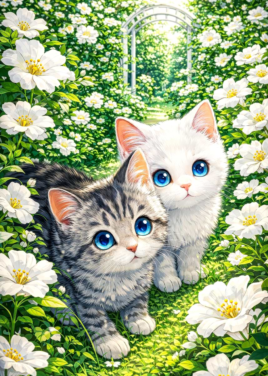 'Two Cute Kittens in a Flower Garden' Poster, picture, metal print ...