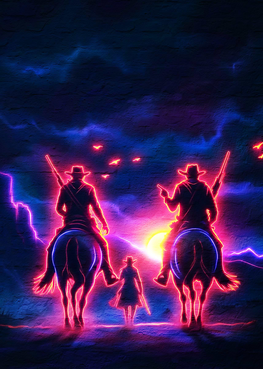 'Neon Cowboys at Sunset' Poster, picture, metal print, paint by ...