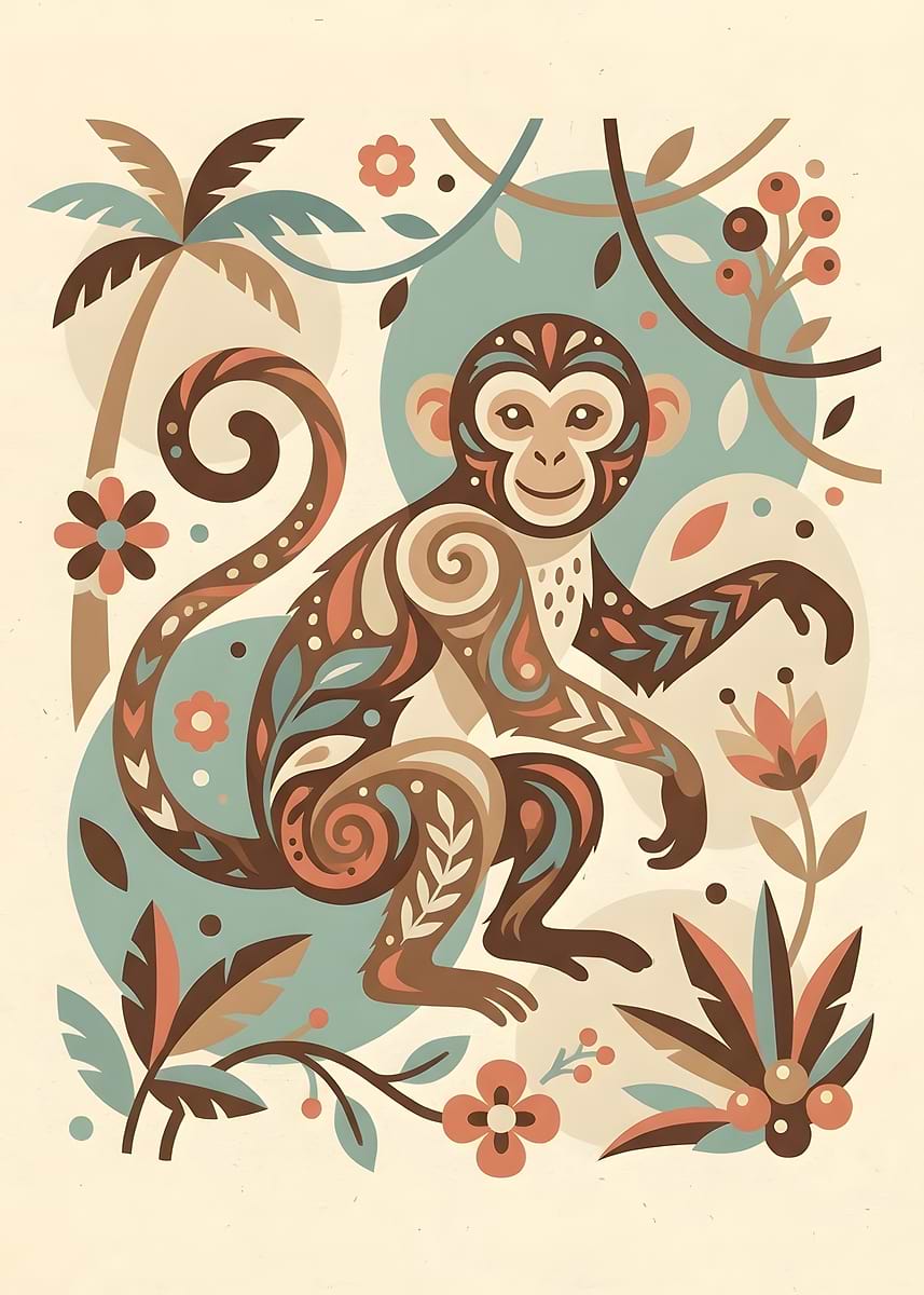 'Stylized Monkey Illustration with Floral Elements' Poster, picture ...