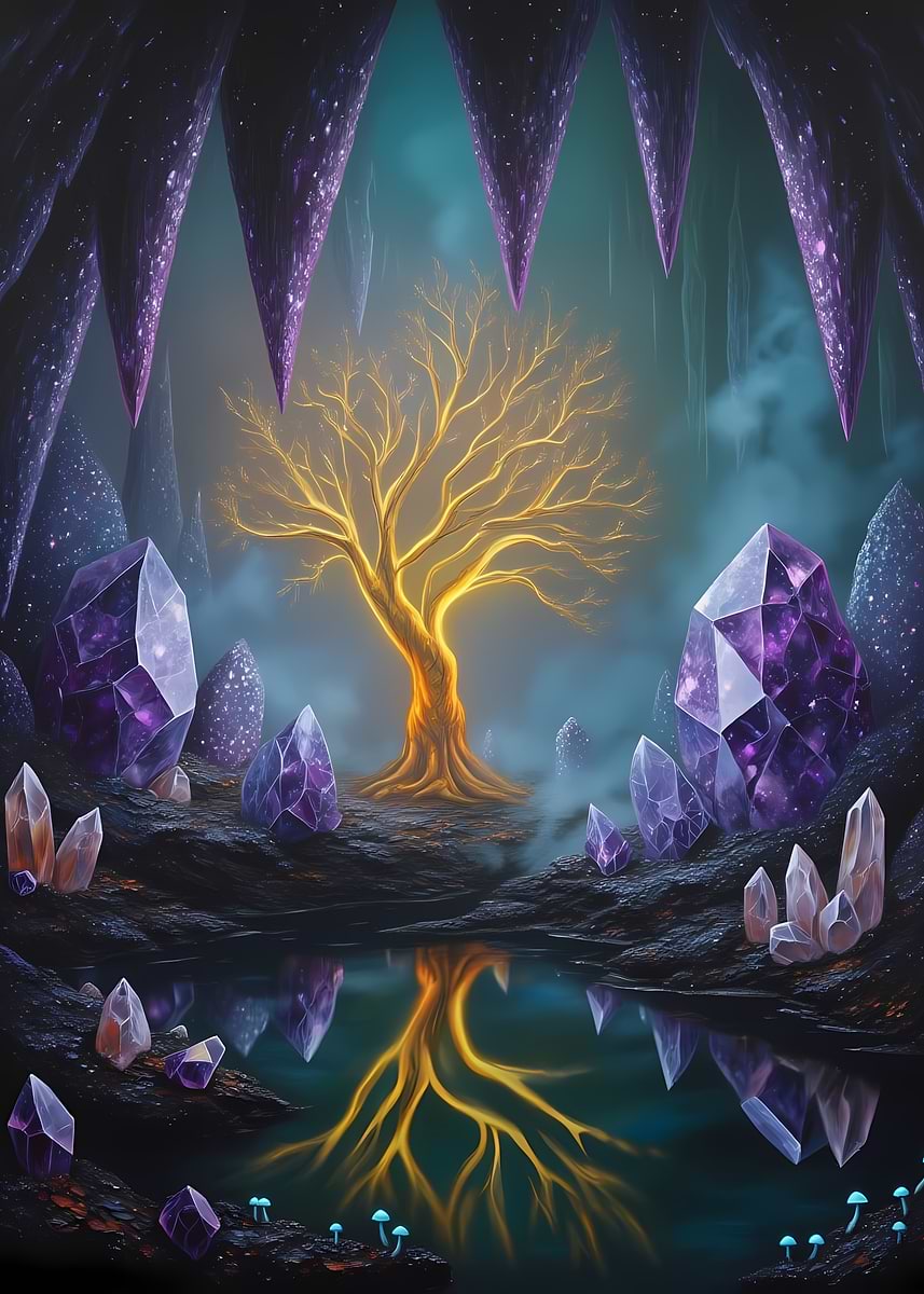 'Crystal Cave with Golden Tree Reflection' Poster, picture, metal print ...