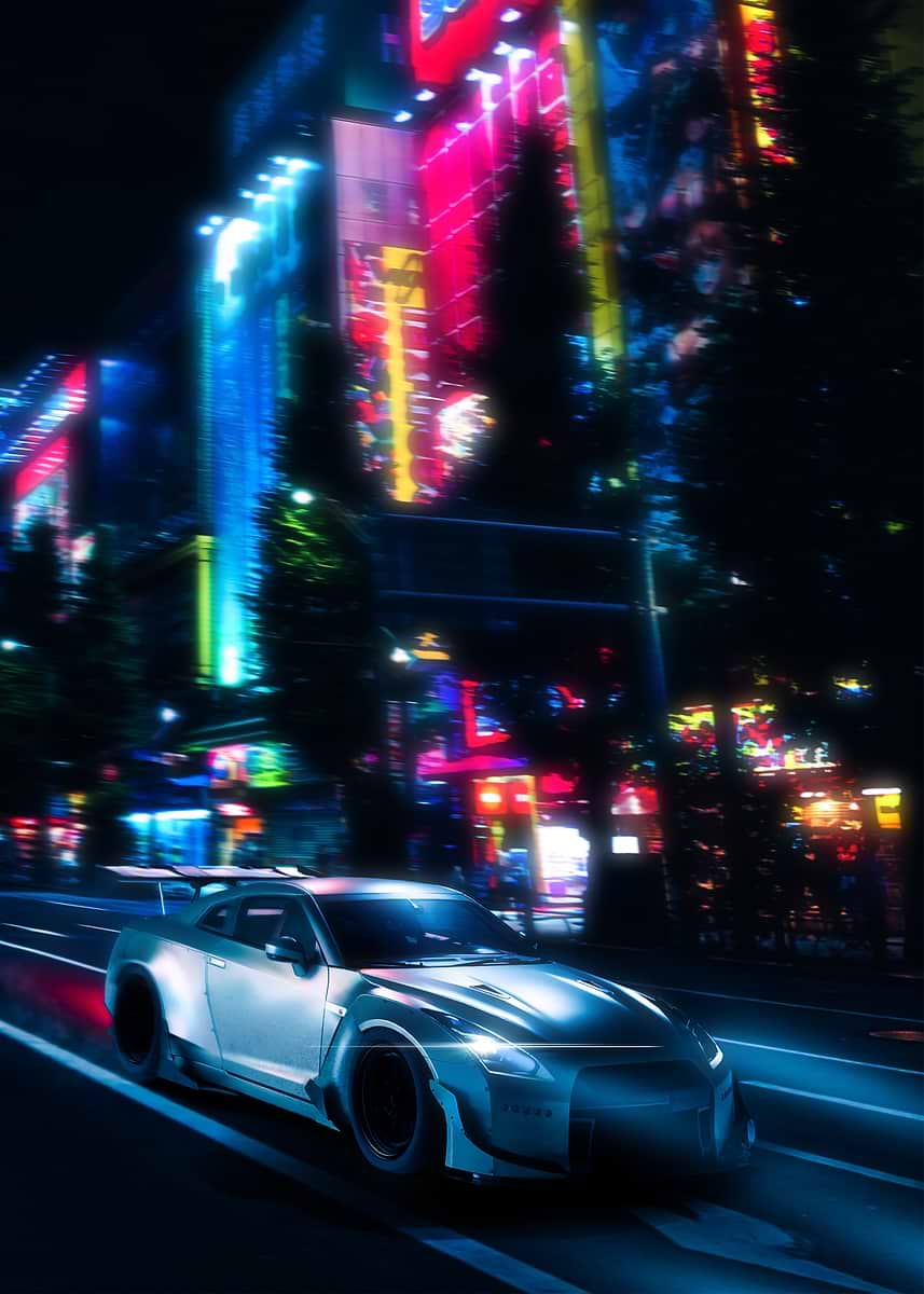 'Nissan GT-R in Neon Cityscape' Poster, picture, metal print, paint by ...