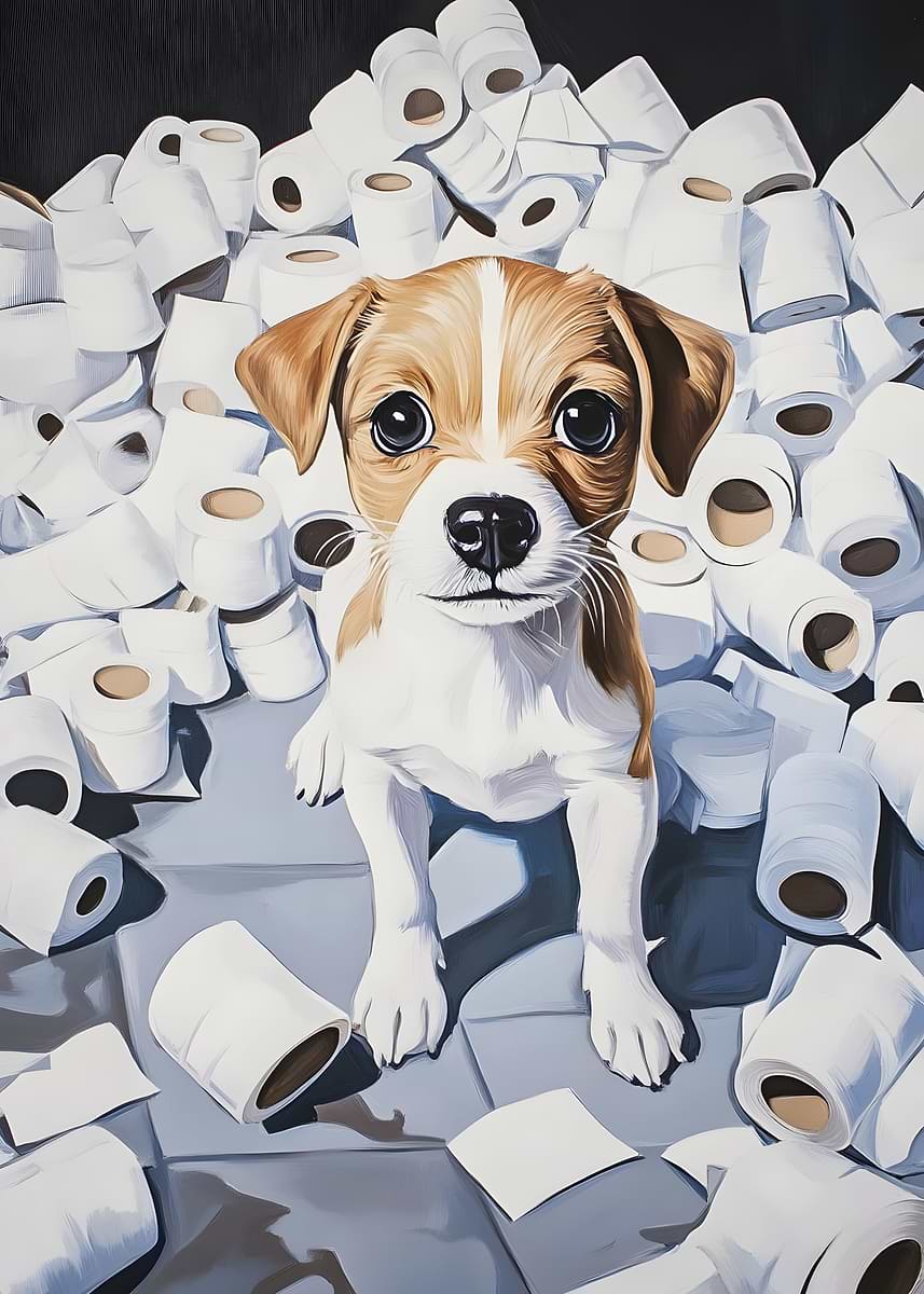 'Puppy in Toilet Paper Mountain' Poster, picture, metal print, paint by ...