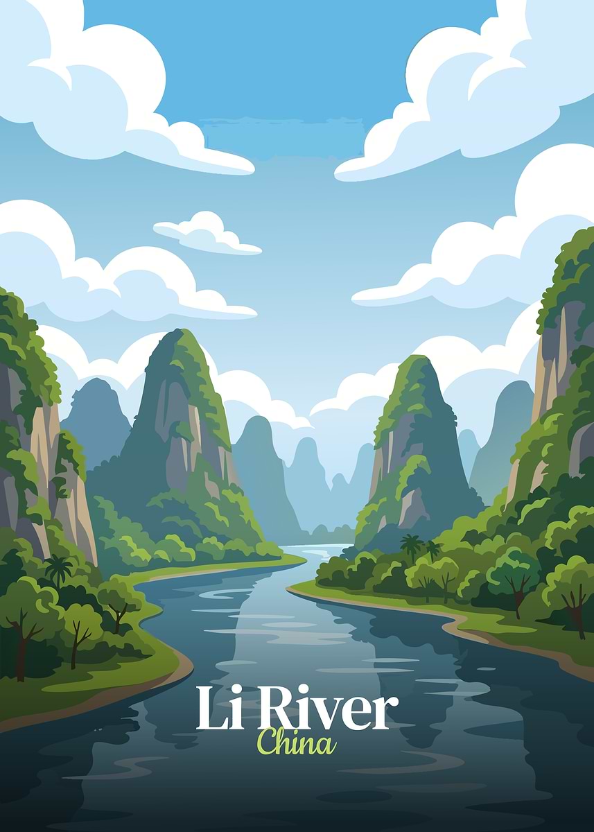 'Li River China Landscape Illustration' Poster, picture, metal print ...