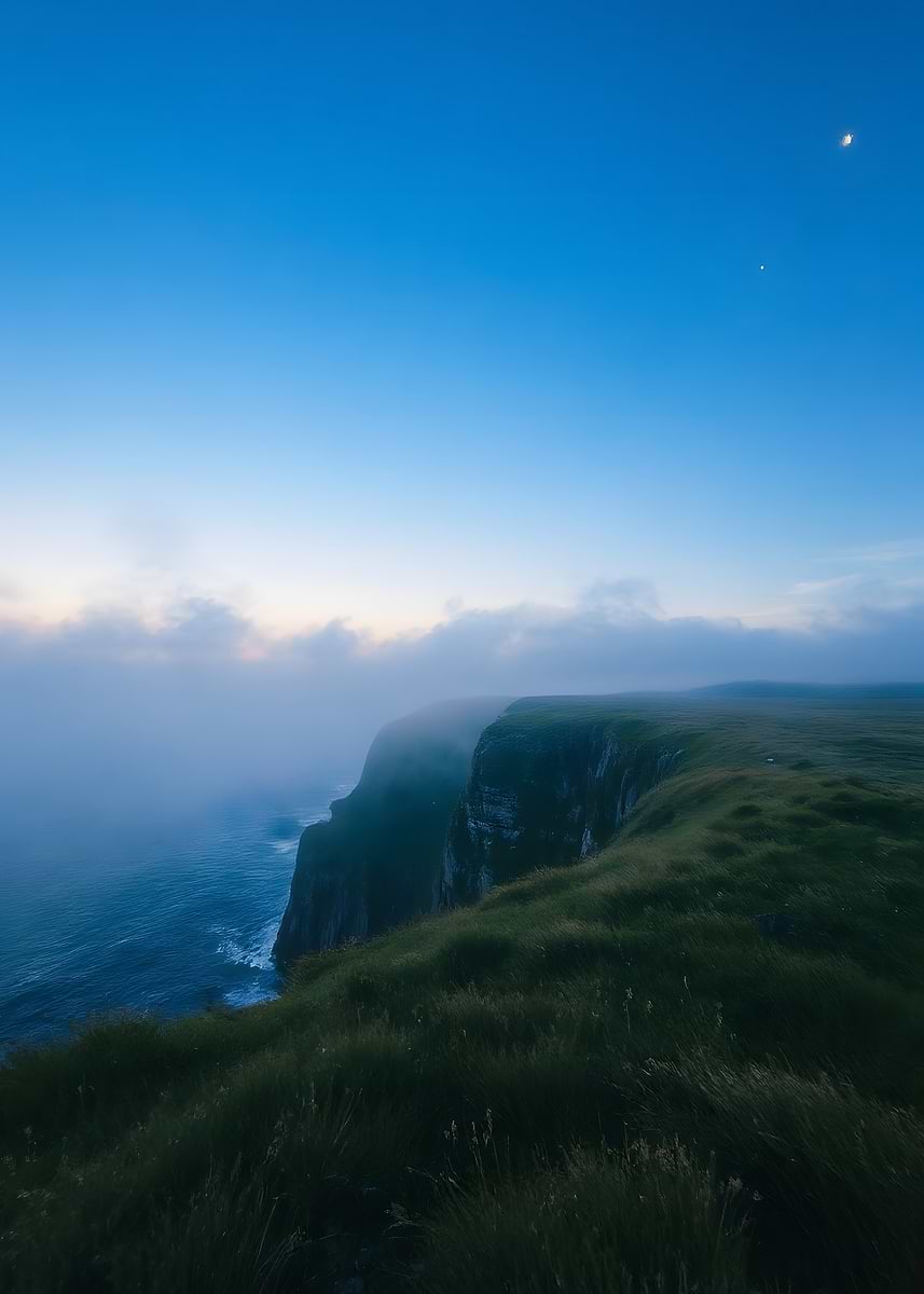 'Misty Cliffside Landscape at Dusk' Poster, picture, metal print, paint ...