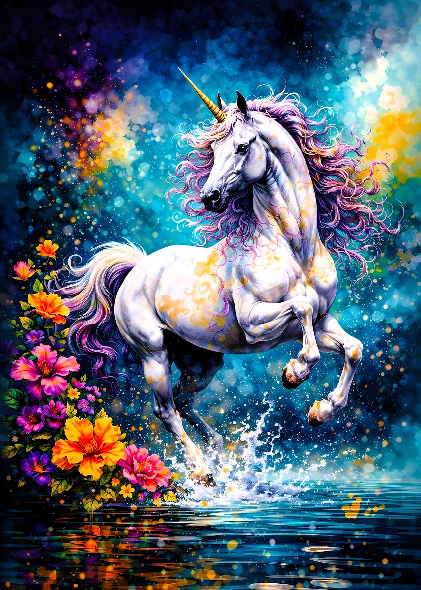 'Majestic Unicorn in Floral Fantasy' Poster, picture, metal print ...