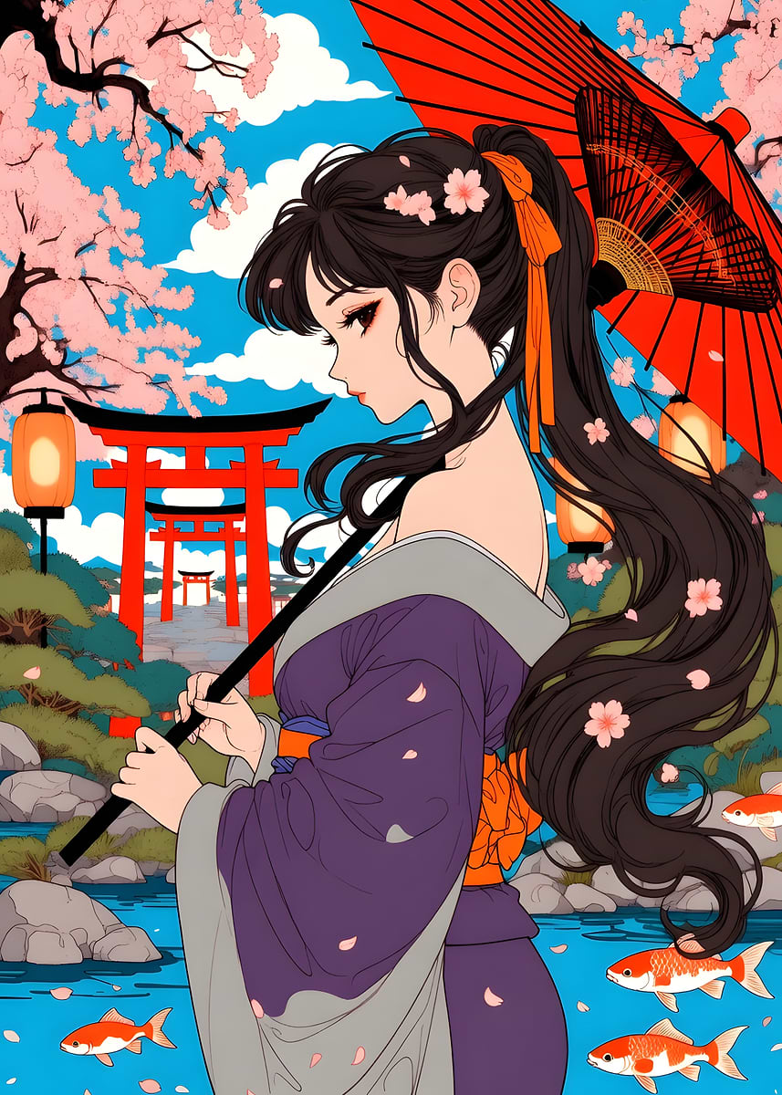 'Anime Girl with Umbrella and Cherry Blossoms' Poster, picture, metal ...