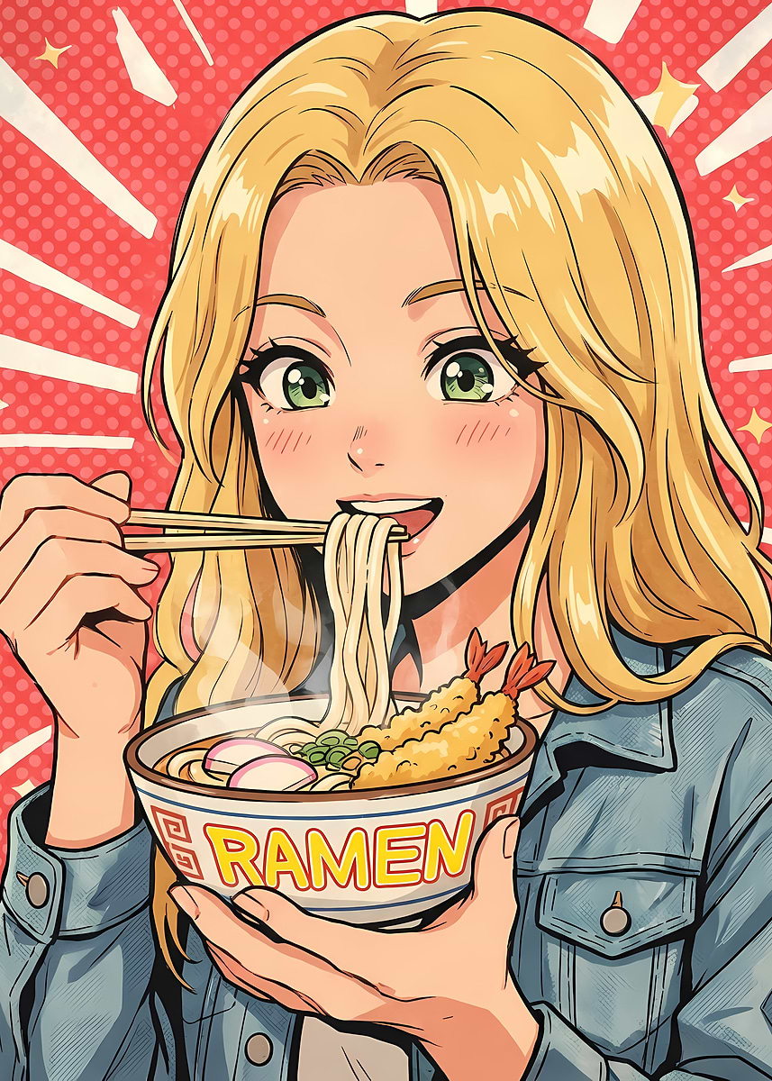 'Anime Girl Eating Ramen Illustration' Poster, picture, metal print ...
