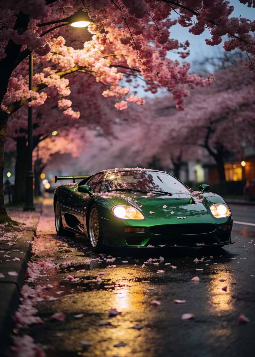 'Green sports car under cherry blossoms' Poster, picture, metal print ...