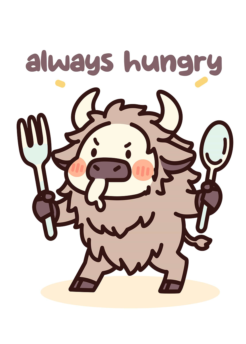 'Always Hungry Cartoon Bull with Utensils' Poster, picture, metal print ...
