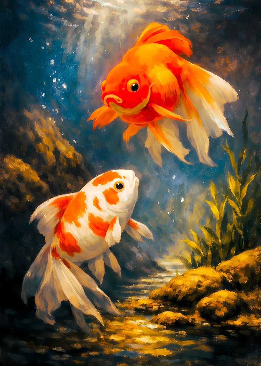 'Two Goldfish in an Aquarium Painting' Poster, picture, metal print ...