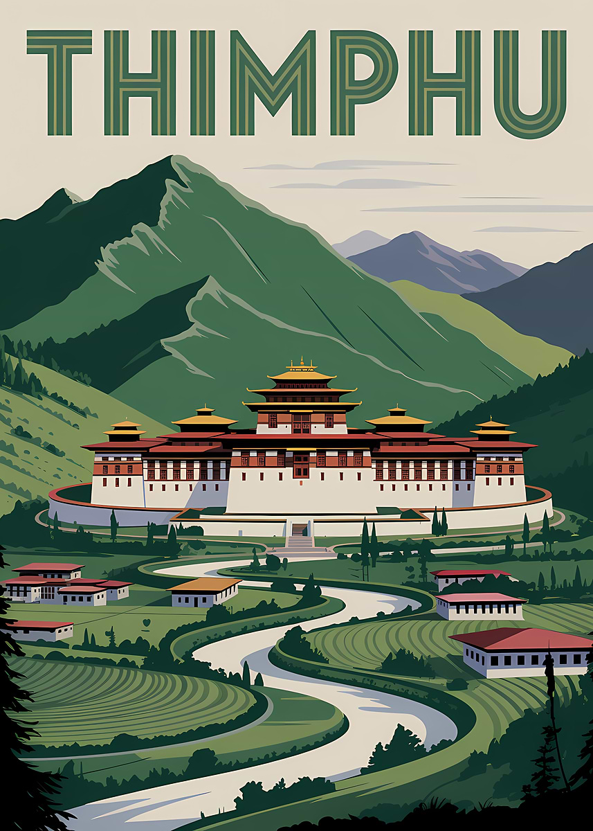 'Thimphu, Bhutan Travel Poster' Poster, picture, metal print, paint by ...