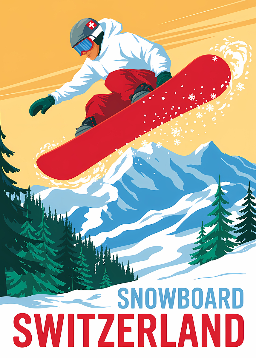 'Snowboard Switzerland Vintage Travel Poster' Poster, picture, metal ...