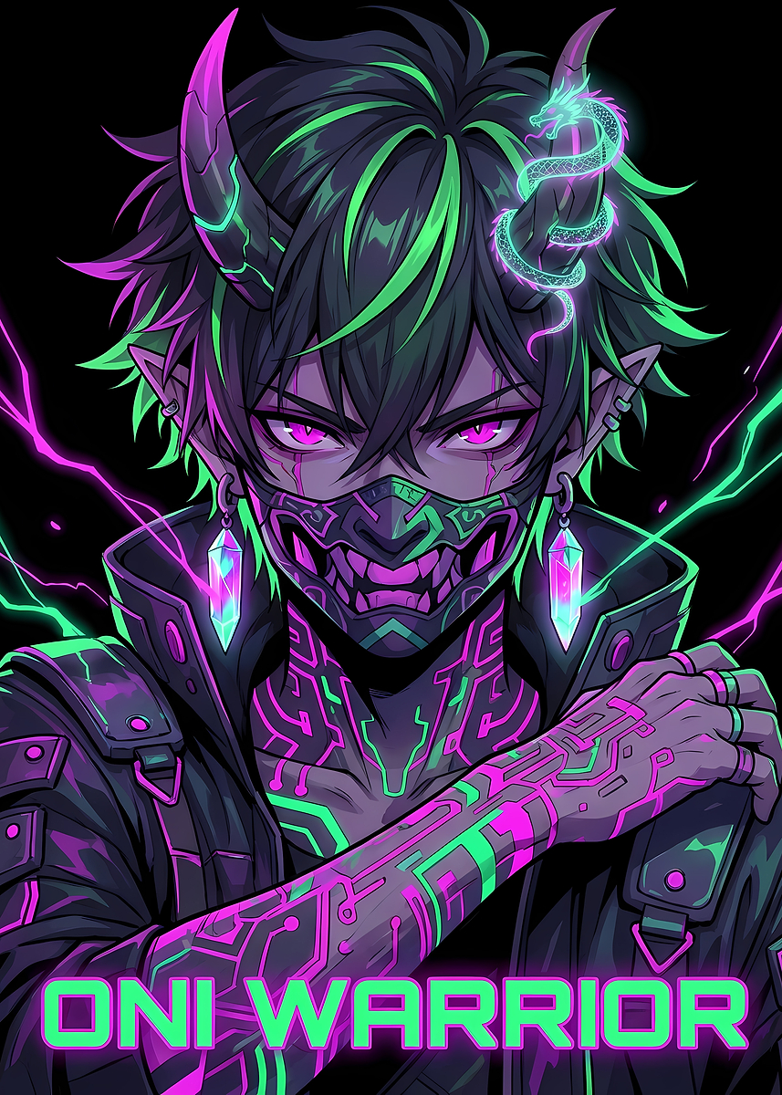 'Cyberpunk Oni Warrior with Neon Accents' Poster, picture, metal print ...