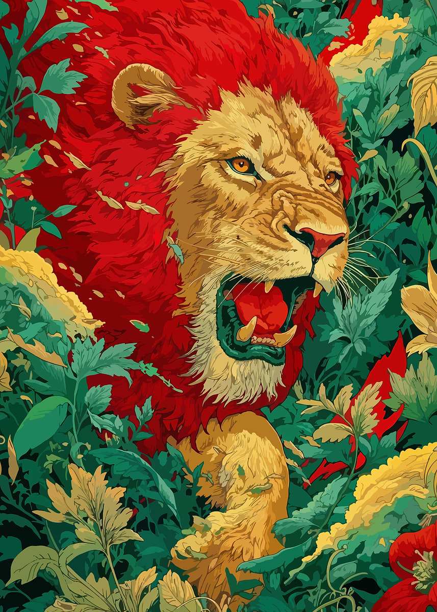'Roaring Lion in Lush Foliage' Poster, picture, metal print, paint by ...