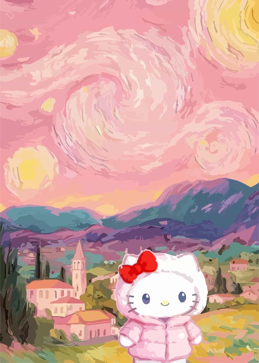 'Hello Kitty Starry Night Pink' Poster, picture, metal print, paint by ...