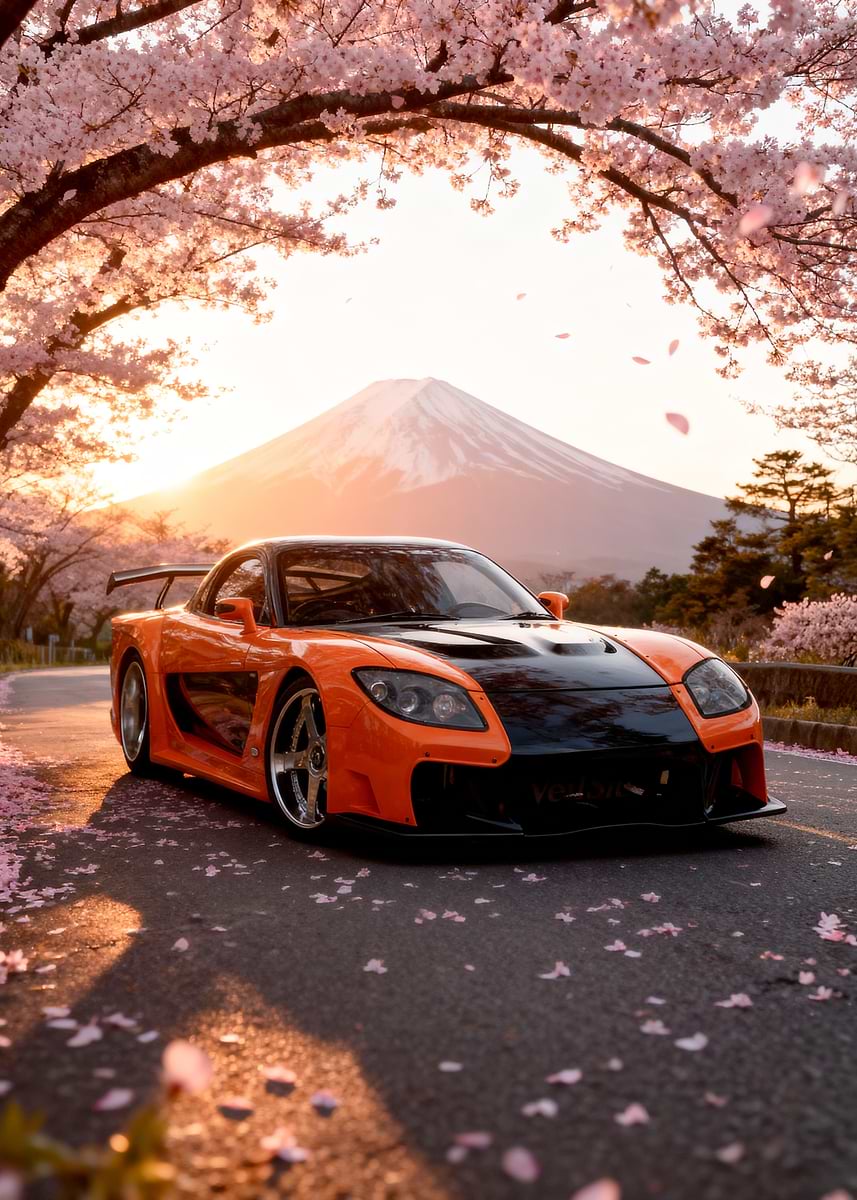 'Orange Mazda RX-7 Veilside with Cherry Blossoms' Poster, picture ...