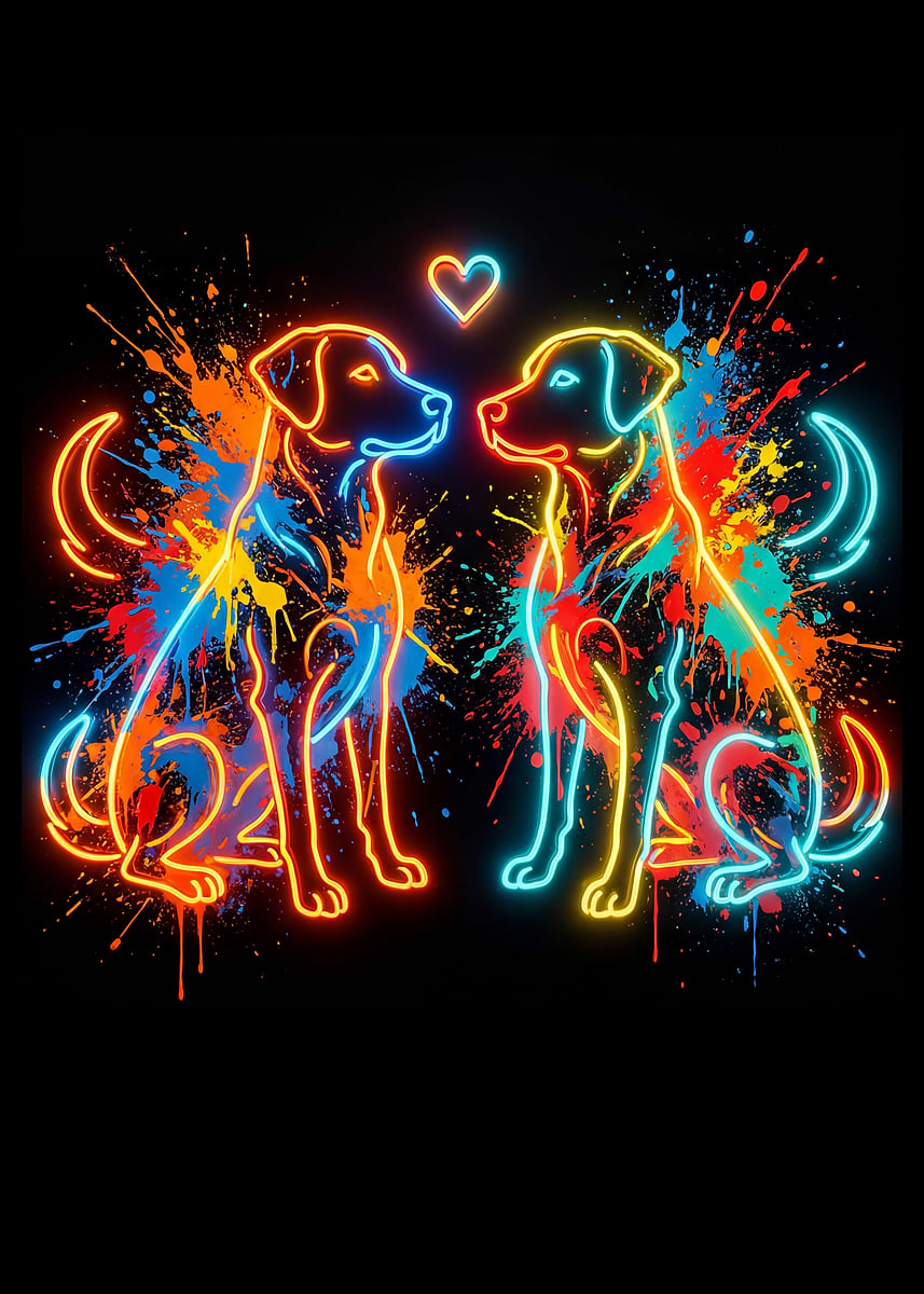 'Neon Dogs with Colorful Splatter Art' Poster, picture, metal print ...