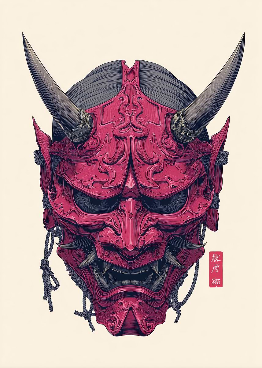 'Detailed Red Oni Mask Illustration' Poster, picture, metal print ...