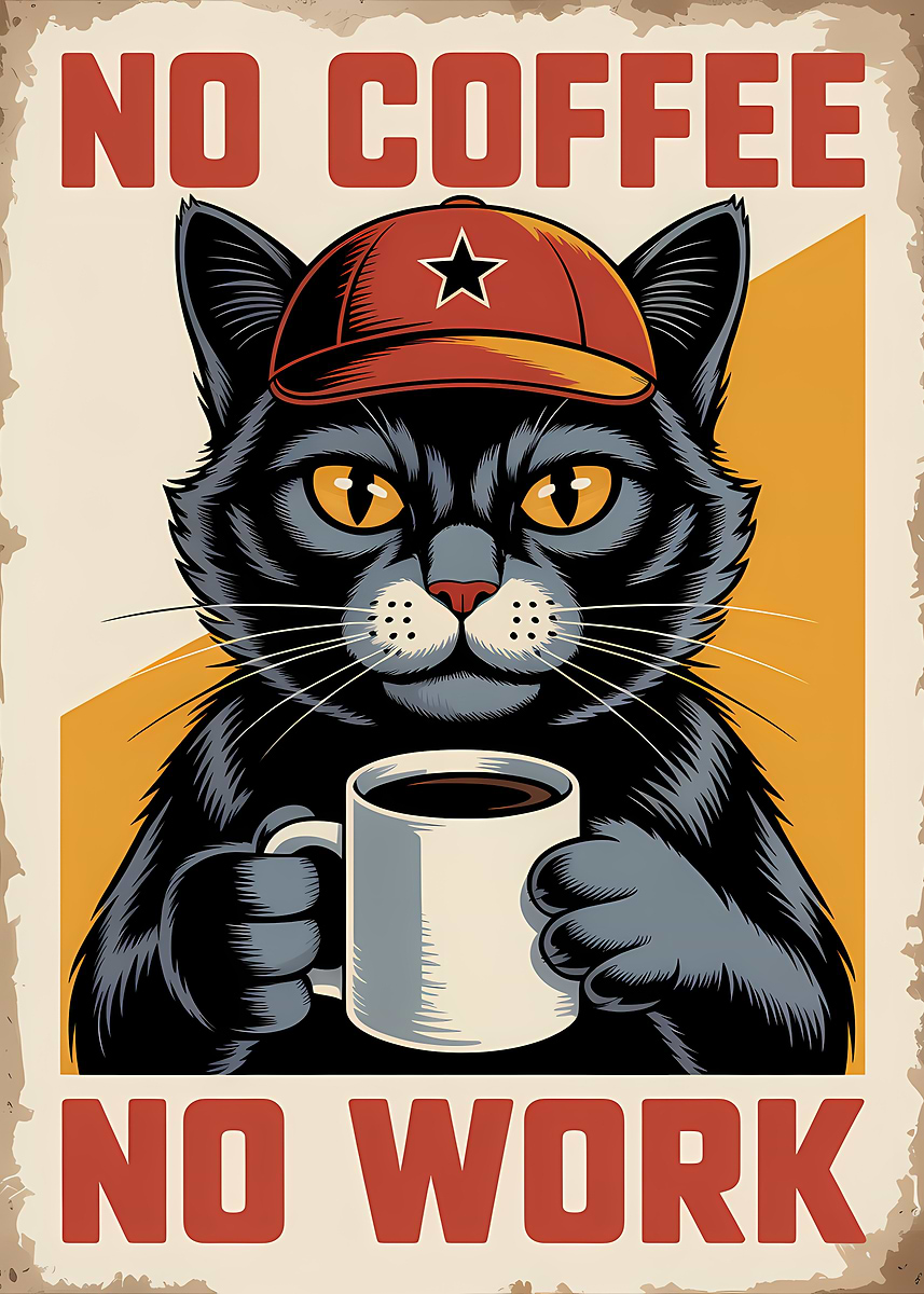 'No Coffee No Work Cat Poster' Poster, picture, metal print, paint by ...