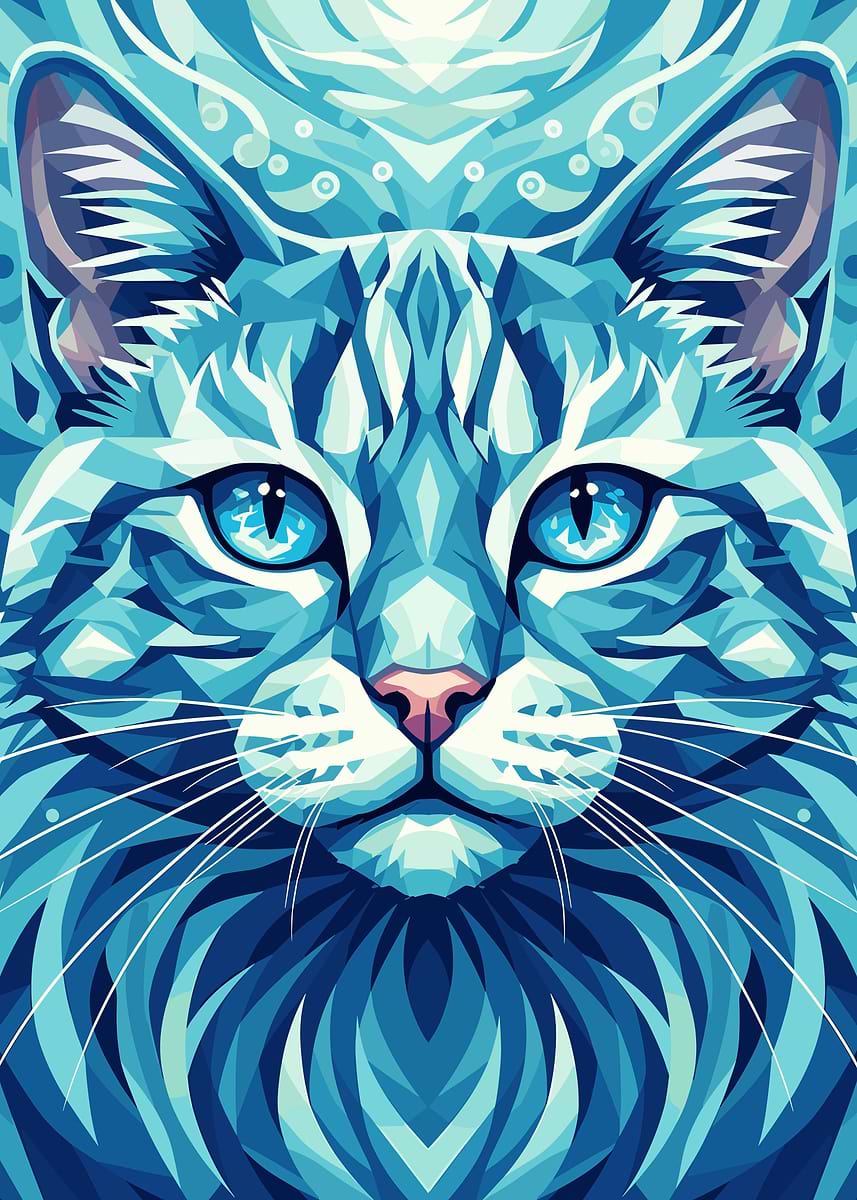 'Geometric Blue Cat Portrait' Poster, picture, metal print, paint by ...