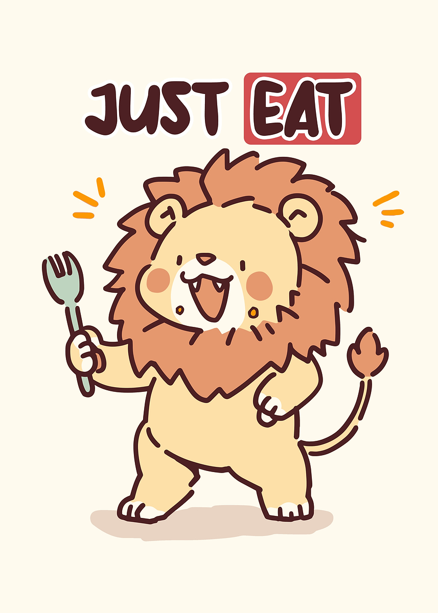 'Cartoon Lion with Fork - Just Eat' Poster, picture, metal print, paint ...