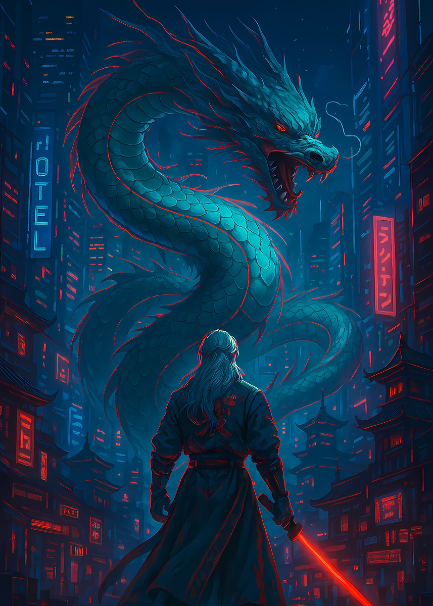 'Neon Dragon Showdown in a Cyberpunk City' Poster, picture, metal print ...